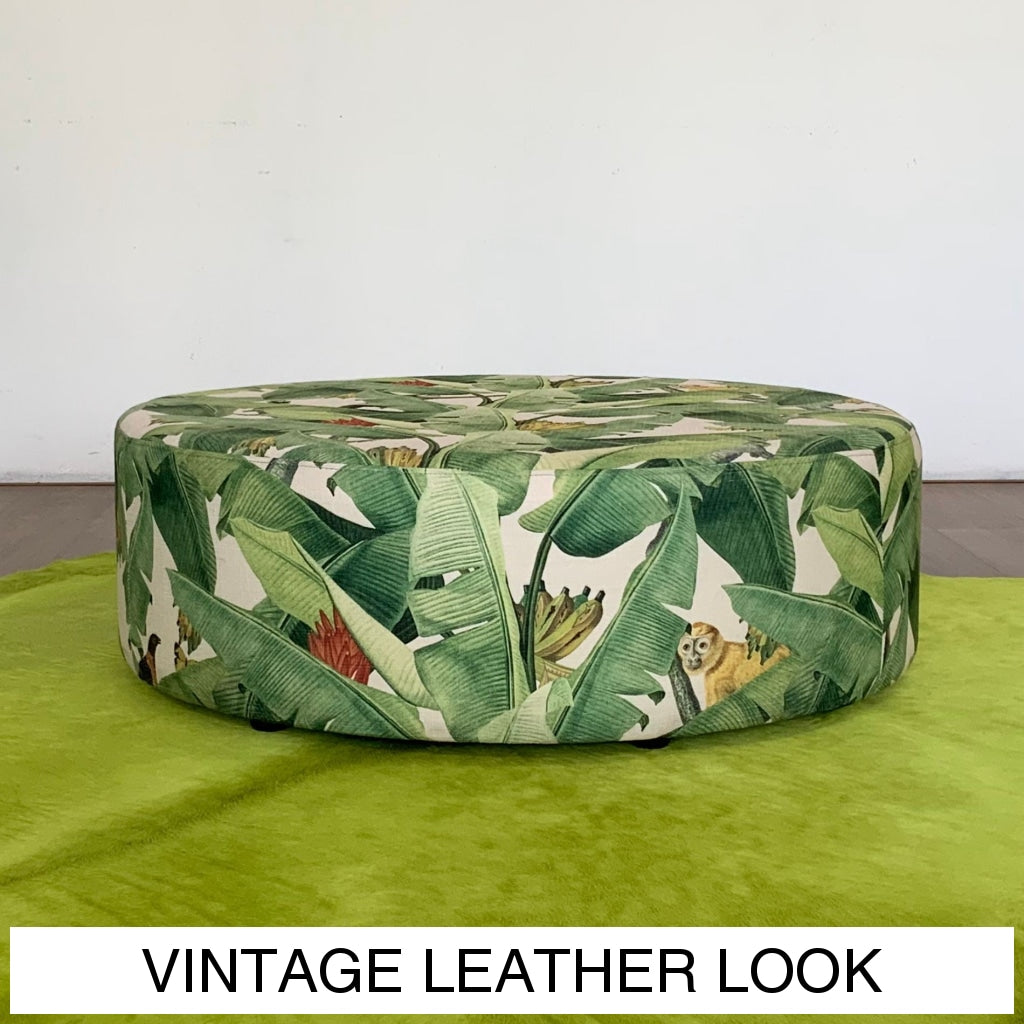 100CM ROUND OTTOMAN | VINTAGE LEATHER LOOK VINYL | MULTIPLE SIZES AND ...